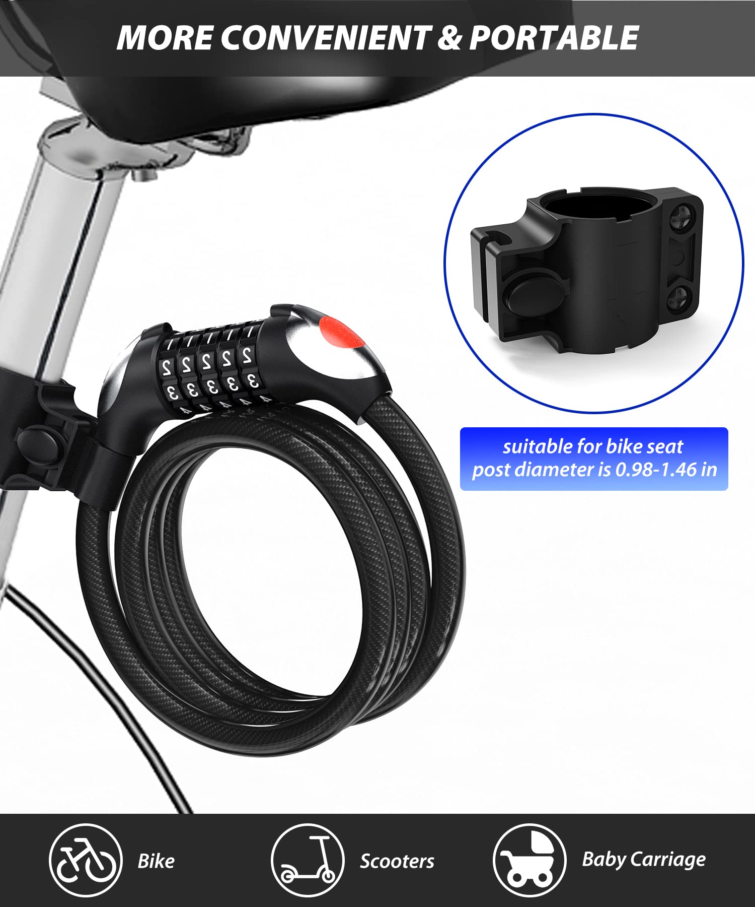 Bike Lock Cable Locks Sportneer - 6 Feet High Security 5-Digit Resettable Bicycle Combination Lock with Light for Night Unlocking, Scooter Lock with Mounting Bracket for Bikes(Thickened Version)
