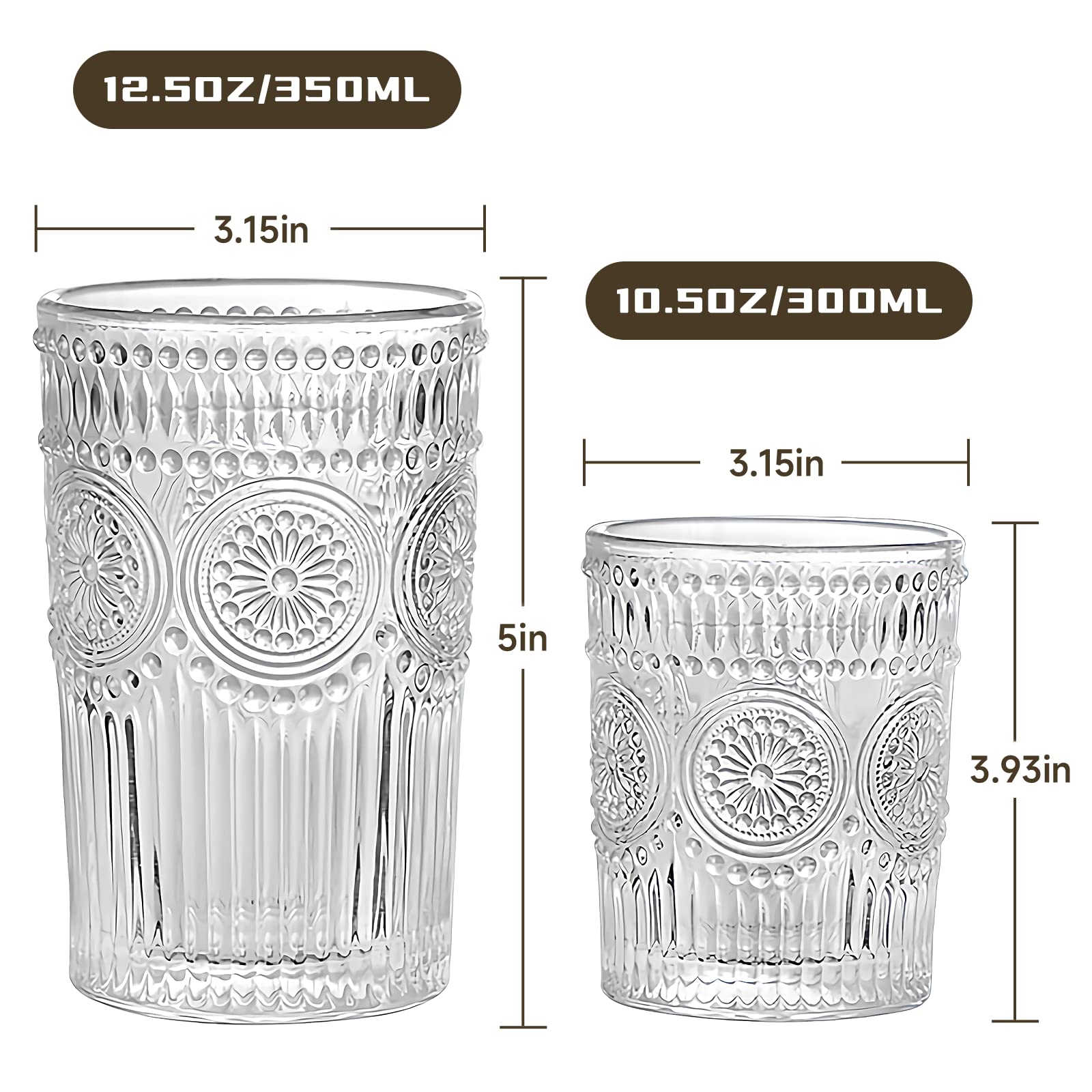 BOATDID Vintage Drinking Glasses Tumbler Set of 6,Embossed Water Glasses Cocktail,Juice,Beer,Iced Coffee,Clear Glassware for Kitchen,Thick & Heavy Glass Highball Glasses with Heavy Base 12oz/9oz