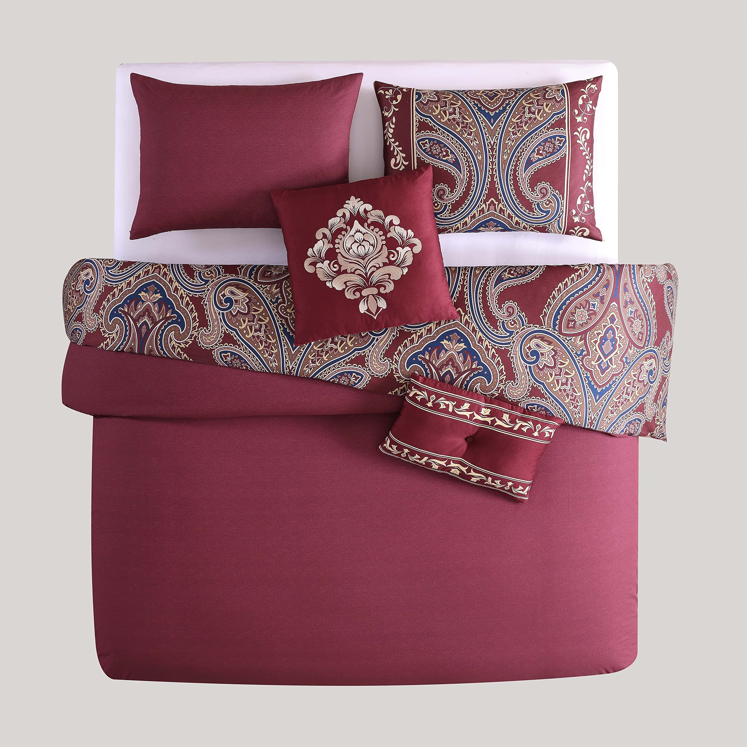Bebejan Rossana Cotton 5 Piece Comforter Set | Teal, Gold, Beige, Terracotta Paisley Printed Pattern | Reversible | Cozy, Soft, Breathable | 1 Comforter, 2 Shams, 2 Pillows (Full/Queen)