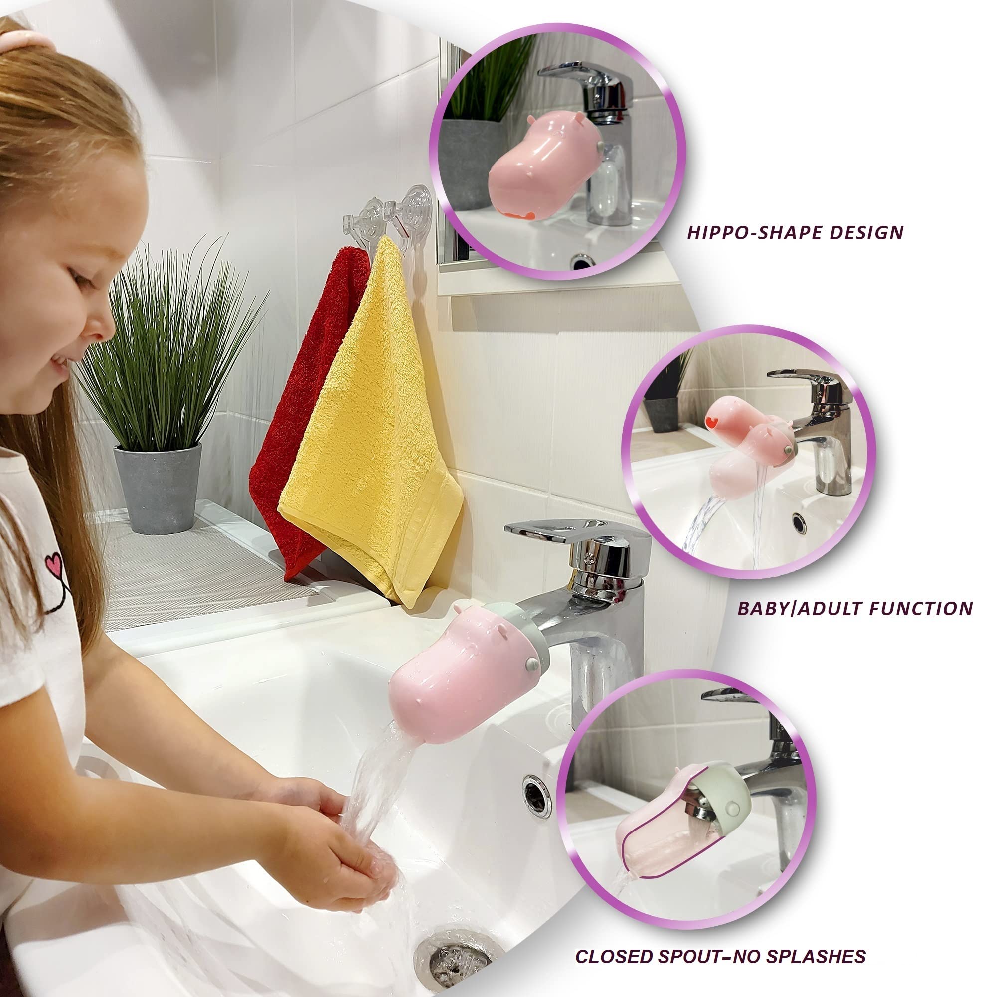 Bebinio Faucet Extender for Kids with Cylindrical Antisplash Spout & Strong Suction Towel Hanging Hook, Set of 4 Pcs (Pink)
