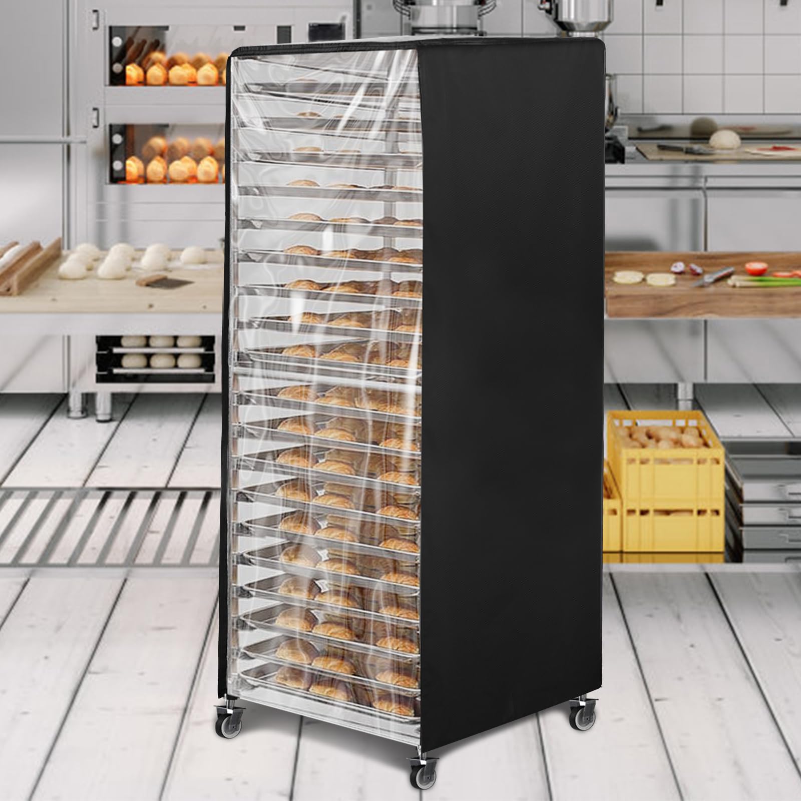 Commercial Bakery Racks Cover Bread Rack Cover with Zipper, 20tier Sheet Pan Rack/Bun Pan Rack Cover with Vents ,23"X28"X64" Bakery Single Rack Covers Waterproof and Dustproof,Black