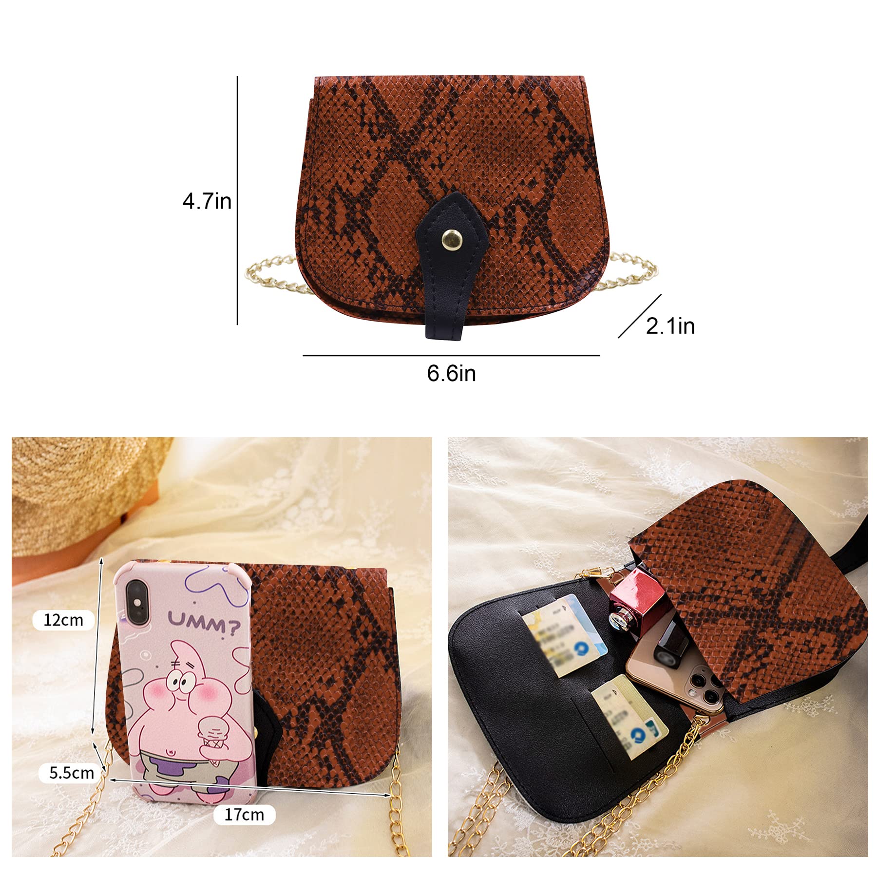 MOSSTYUS Women Girls Snakeskin Crossbody Bag PU Leather Handbag Shoulder Clutch Purse Pouch with Chain Strap, Coffee
