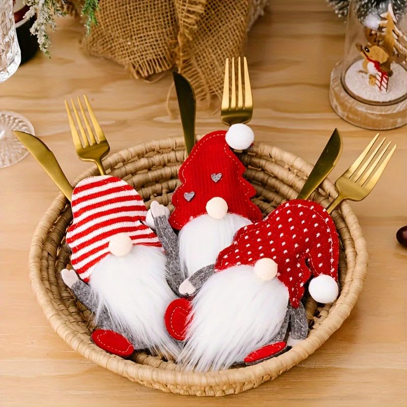Christmas Gnome Cutlery Bags, Set of 6, Holiday Table Decorations, Polyester