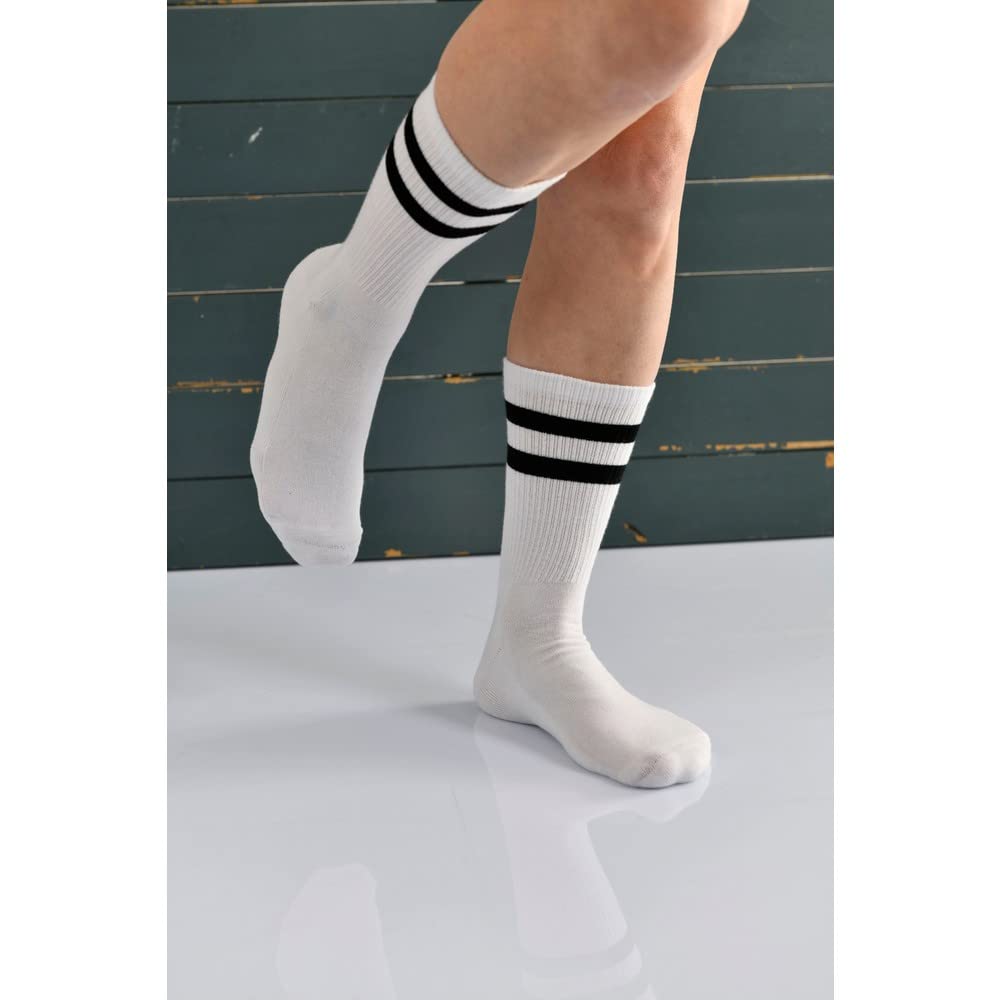 Çimpa Men’s Pack of 5 Made In TURKEY Soft Thin White Striped Absorbent Cotton Athletic Crew Socks Turkish Thread Made In Turkey White US Men’s Shoe Size 7-12.5 Sock Size 10-14