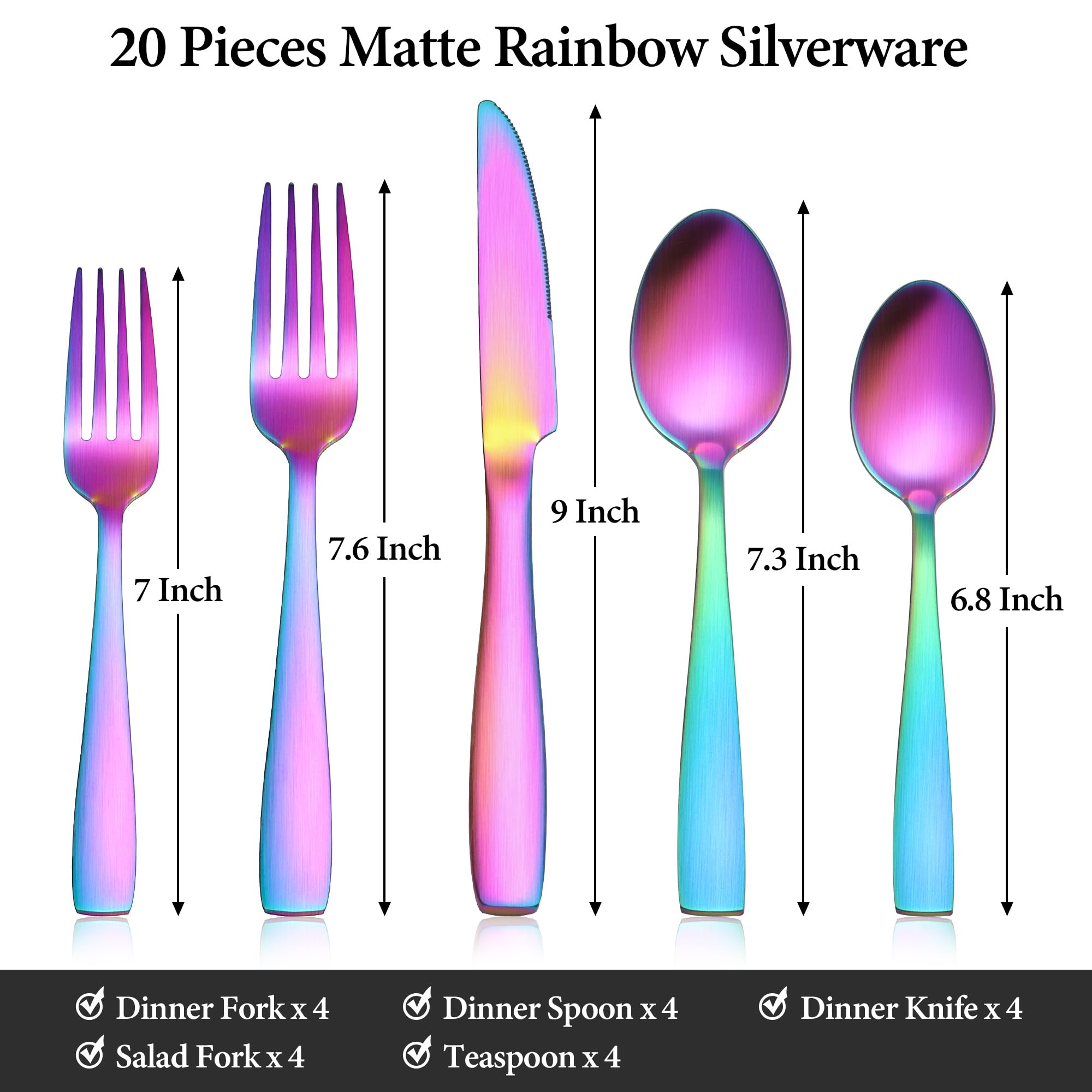 E-far 20-Piece Matte Rainbow Silverware Set, Stainless Steel Flatware Set for 4, Colorful Cutlery Set Include Forks Spoons and Knives for Kitchen Home Restaurant, Satin Finish & Square Edge Handle