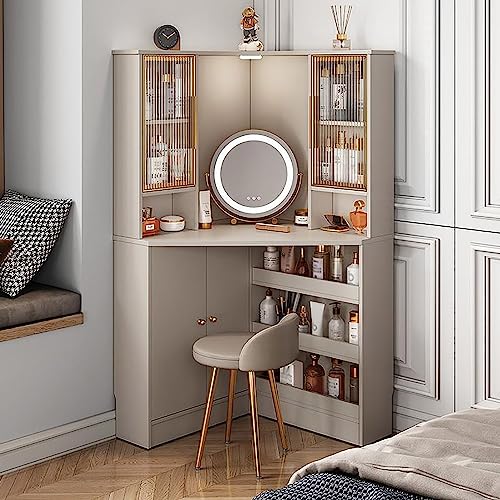 HSPLXYT Corner Dressing Table Storage Cabinet - Makeup Vanity Table Set - Vanity Mirror with Lights Desk - Vanity Desk with 3 Lighting Modes - 1060X670X1438mm (Color : Gray)