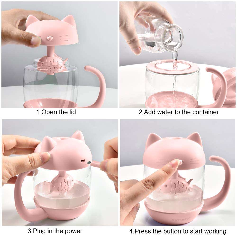 bifine Mini Humidifier for Babies Bedroom, Car and Office, Portable USB Humidifier with Automatic Shut-of and Night（400ML 22dB）lovely Mini Humidifier pink