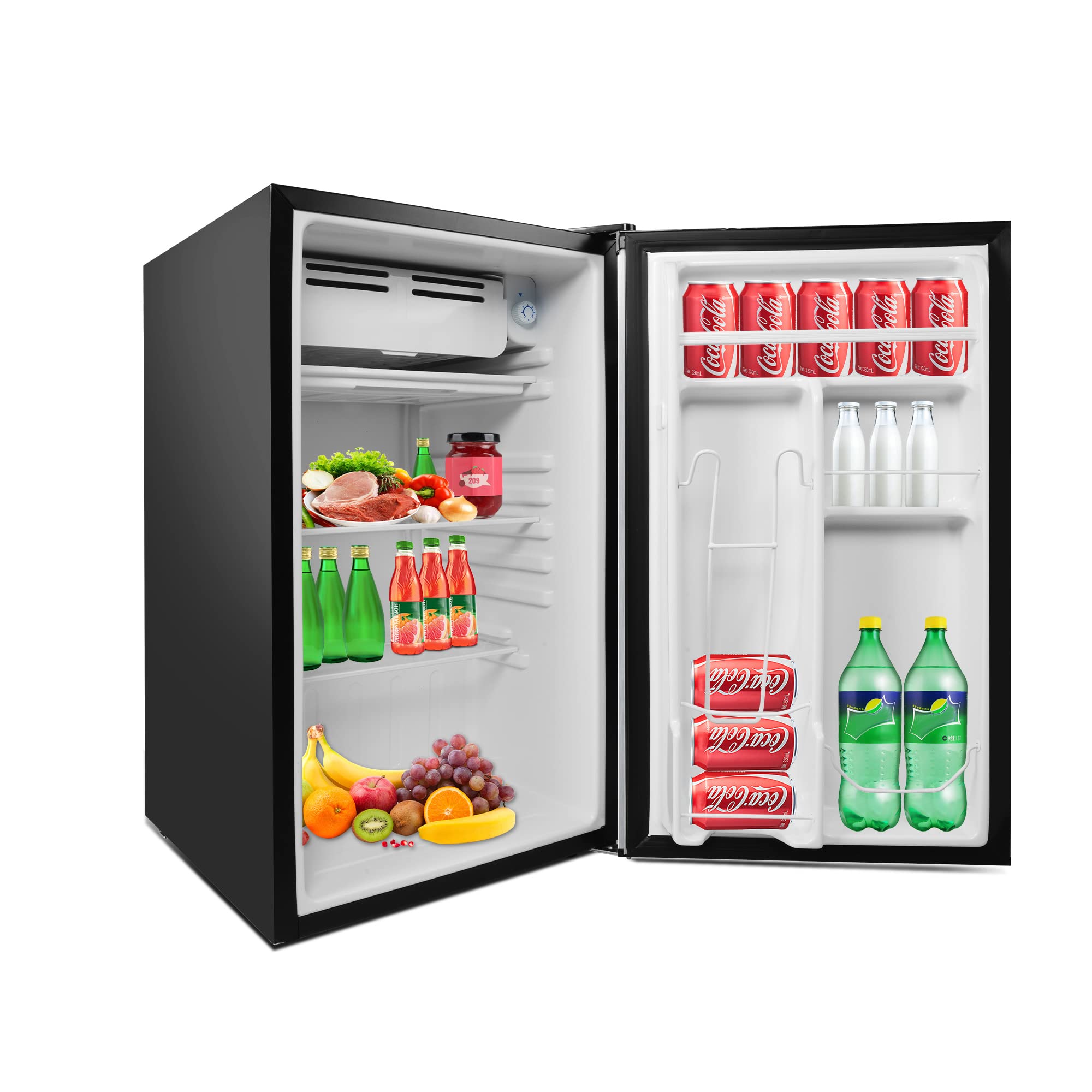 E-Macht 3.2 Cu.Ft. Mini Fridge with Freezer, Single Door Compact Refrigerator,Removable Glass Shelves, Reversible Door, Small Refrigerator for Apartment, Office, Dorm