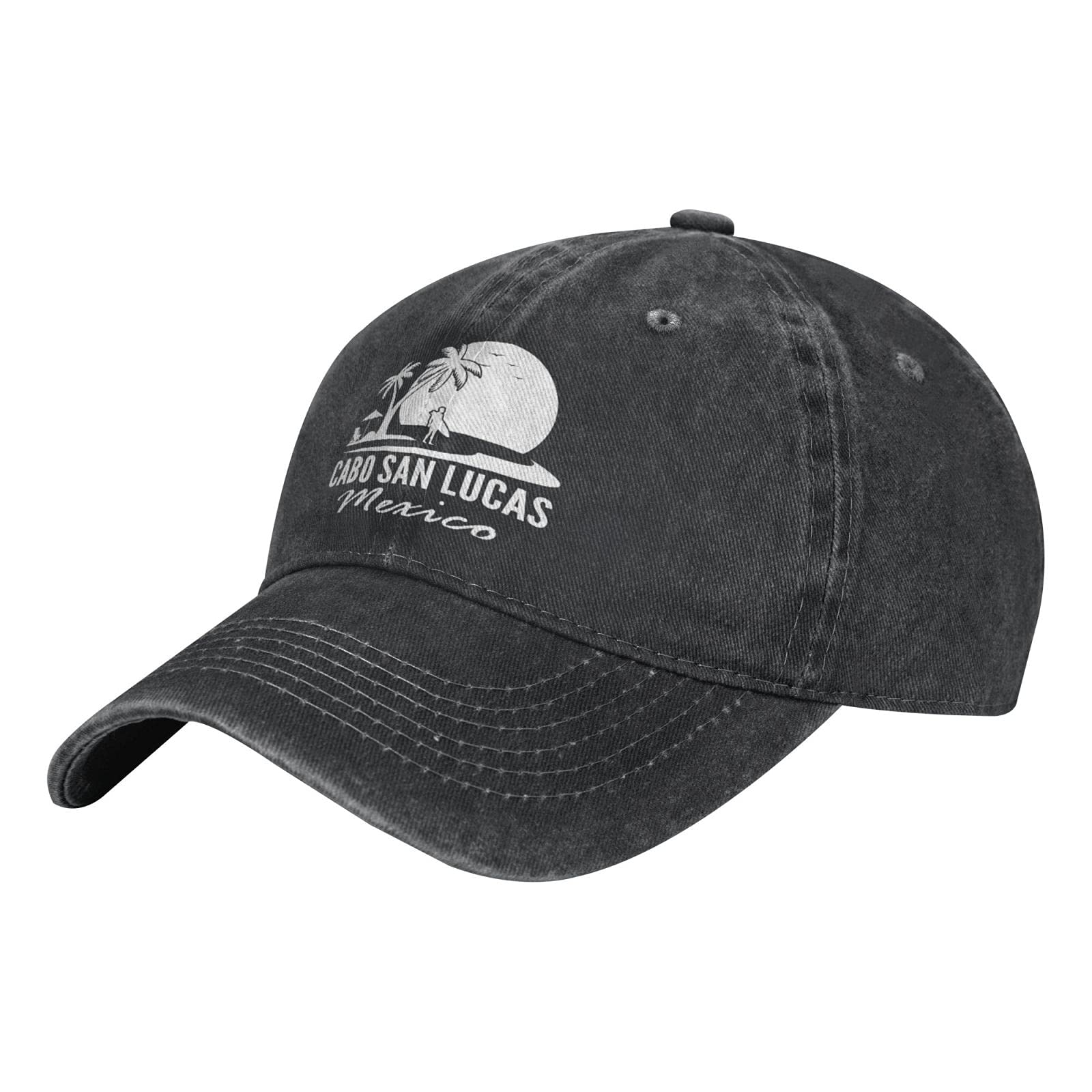 Cabo San Lucas Mexico Beach Sunset Palm Trees Ocean Surfer Denim Hats Trucker Baseball Adjustable Hat for Adult (Black)