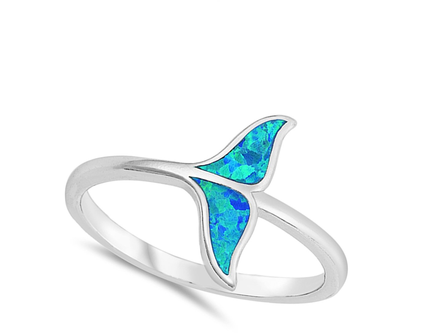 Blue Simulated Opal Whale Tail Ocean Animal Cute Ring Sterling Silver Band Size 7