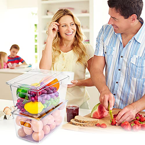 HANSGO Refrigerator Organizer Bins with Lid, 4PCS Stackable Organizer Basket Bins with Handles Clear Plastic Pantry Organizer and Storage Bins for Fridge Kitchen Bedroom Office