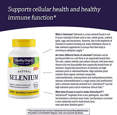 Healthy Origins Seleno Excell Selenium, 200 mcg - Selenium Supplement for Bladder Support - Selenium Pill for Immune System and Cellular Health - Trace Mineral Supplement - 180 Capsules