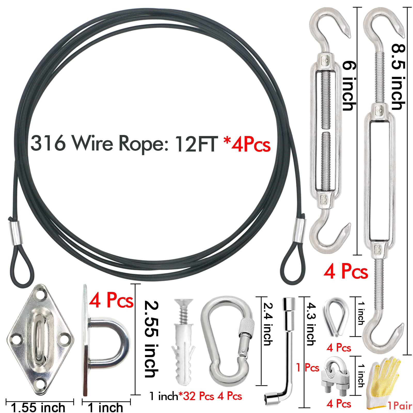 BESTEEL 90 PCS T304 6Inch Hardware Kit 4pcs 12ft Length Extension Nylon Wire Rope for Square & riangle Sun Shade Sail Canopy Awning Installation Installation Complete Set 316 Stainless Steel Anti Rust