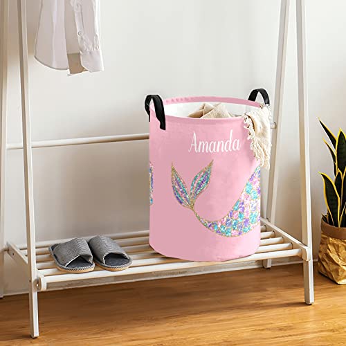 Mermaid Pink Large Storage Basket Personalized Laundry Hamper with Name Bathroom Home Decor Collapsible Round Storage Bin Boxes Clothing for Gift