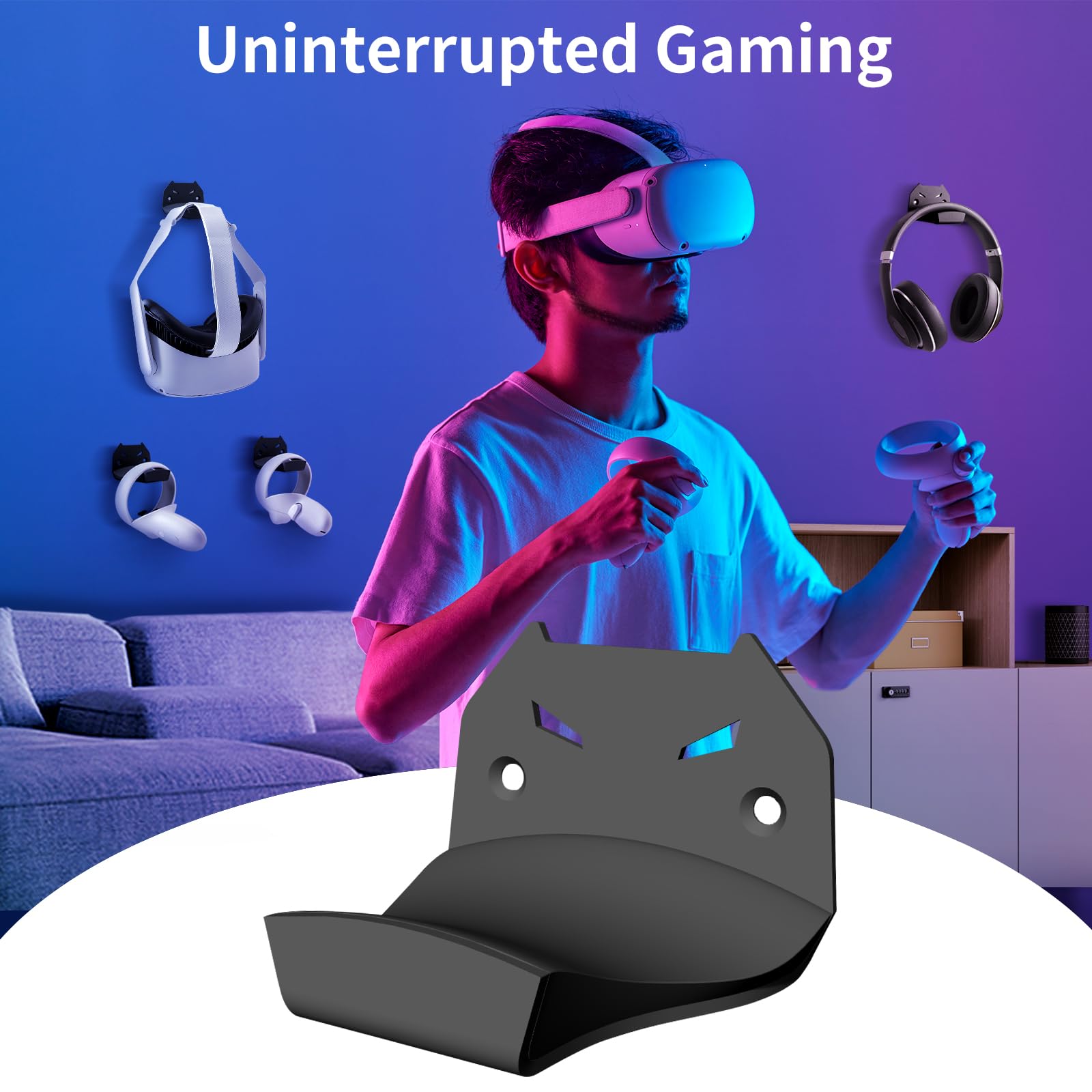 BracNova Headphone Hanger Holder Wall Mount-Steel Storage Stand Hook for Universal VR Headset and Controller(Black Headphone Hook with Premium Silicone Cradle)