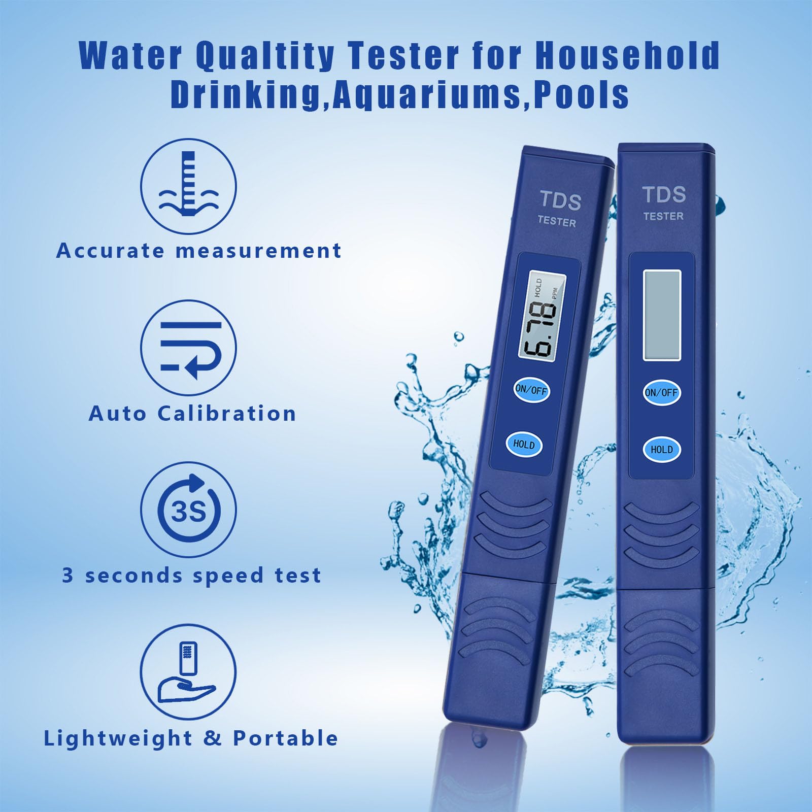 DEMITUMON TDS Meter Digital Water Test,Electronic Water Test with 0-9999 PPM Measurement Range for Household Drinking Aquariums,Pools,Hydroponic,Hand Held,Quick Read,Blue