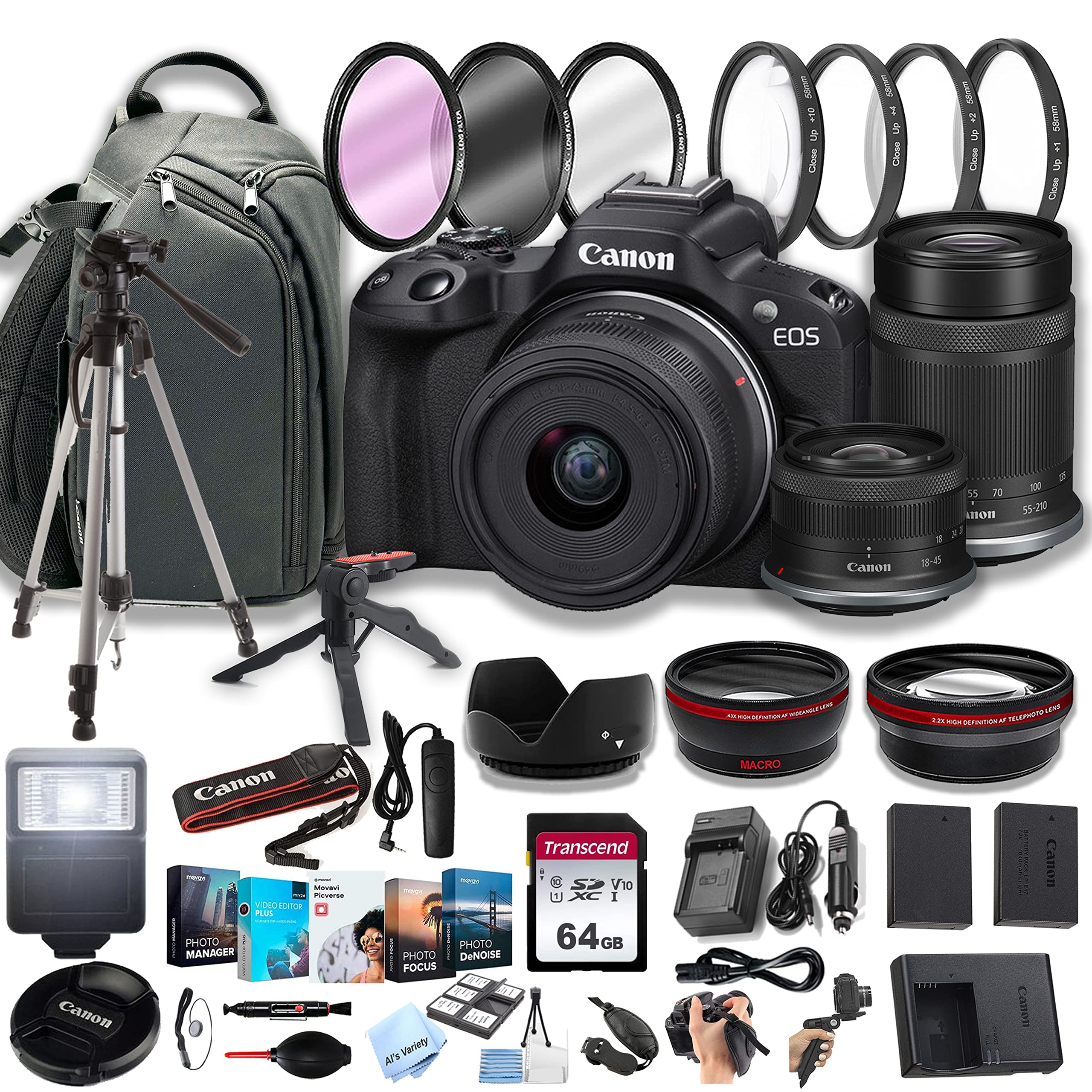 Canon EOS R50 Mirrorless Digital Camera with RF-S 18-45mm f/4.5-6.3 is STM Lens + 55-210mm f/5-7.1 is STM Lens + 64GB Memory Cards, Professional Photo Bundle (42pc Bundle)