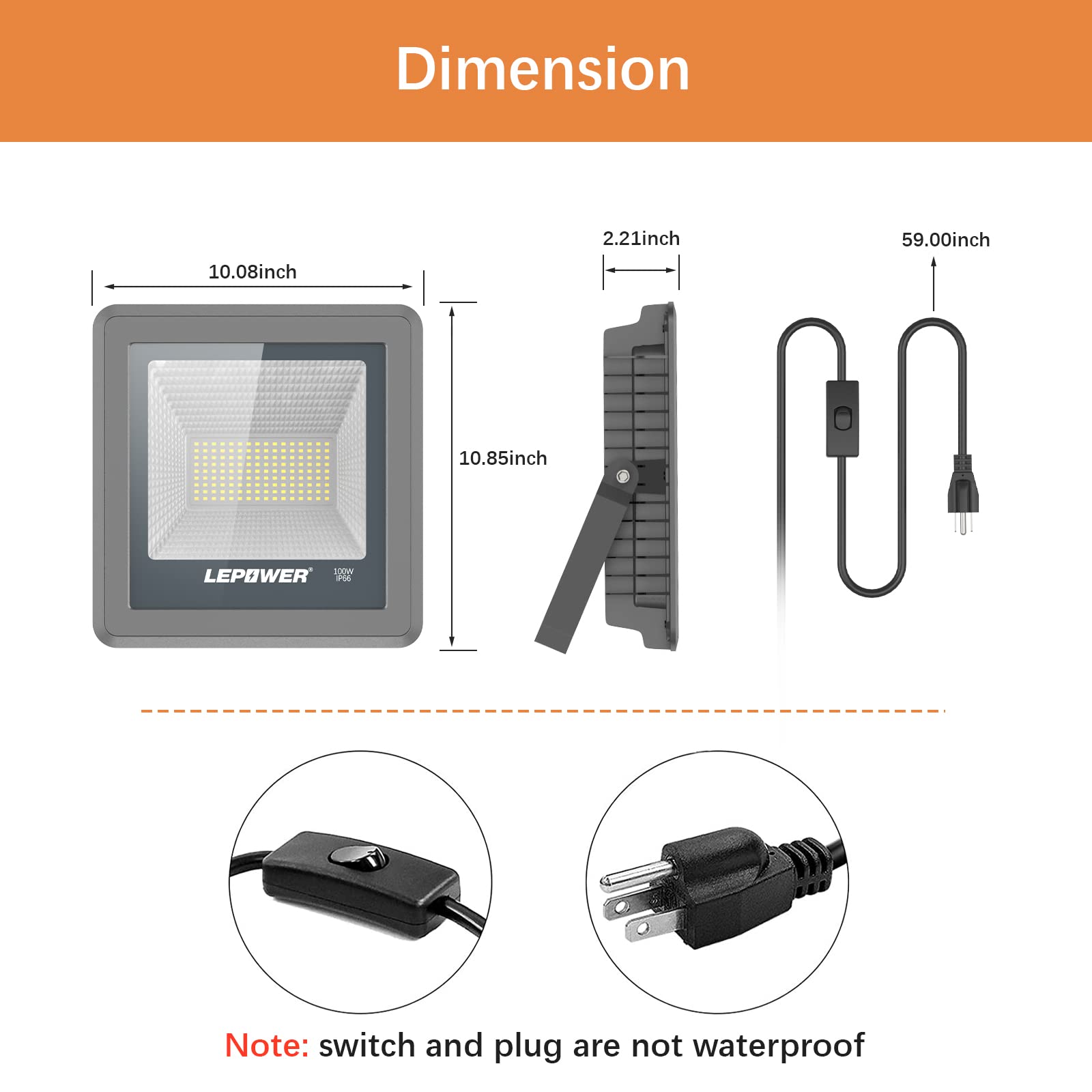 LEPOWER 100W LED Flood Light, 10000lm Work Light with Plug, Equiv 500W Halogen, 6000K White Light, IP66 Waterproof Outdoor Floodlight for Garage, Garden, Lawn, Basketball Court, Playground 2 Pack
