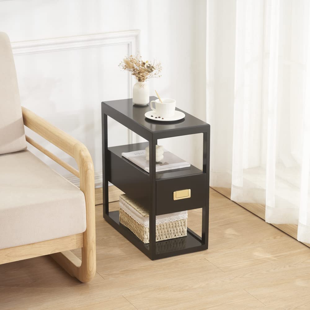 BECTSBEFF Fully Assembled Narrow Side Table, No Assembly Narrow End Table with Drawer for Living Room, Pre-Assembled Nightstand with Shelf for Bedroom-Black