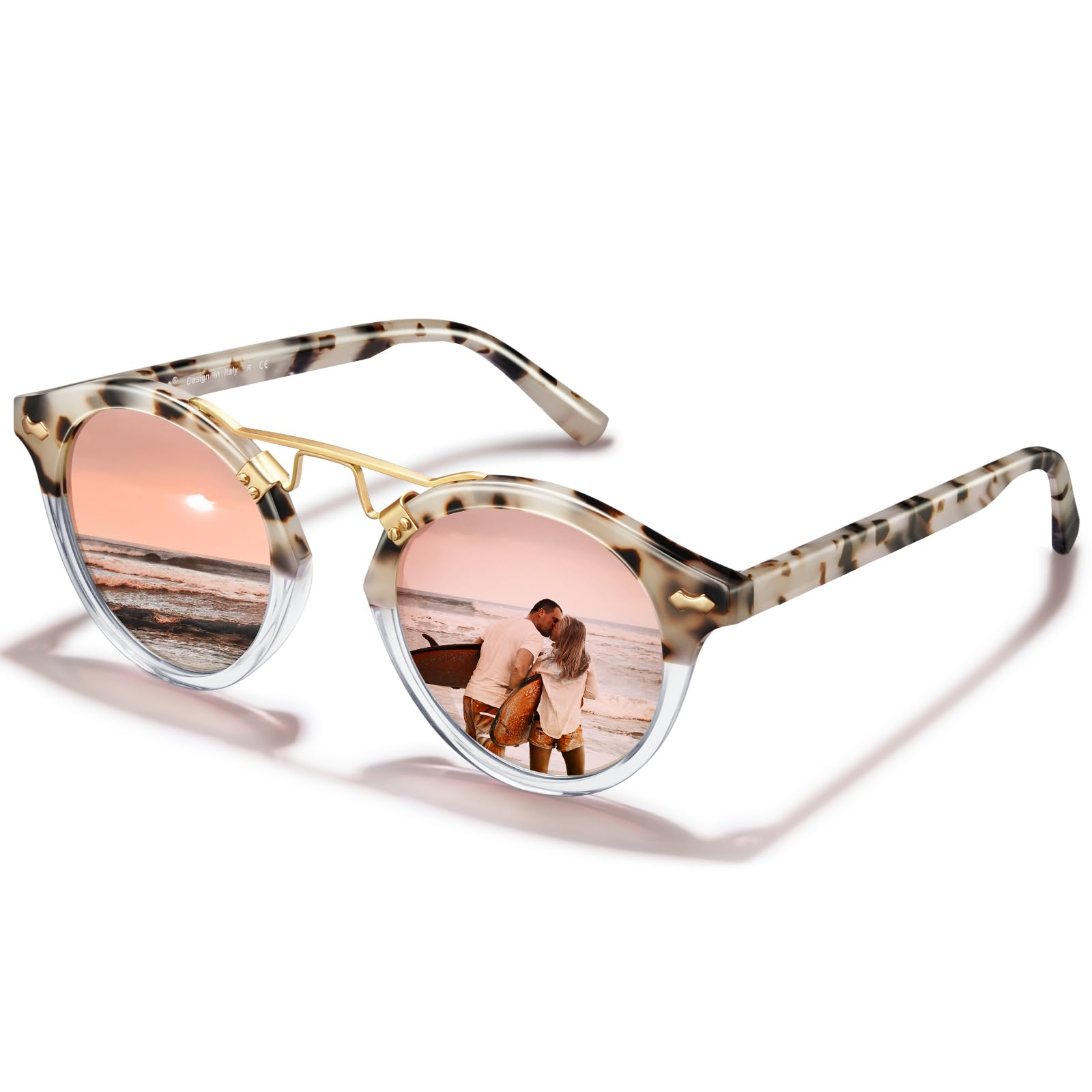 CARFIA Double Bridge Small Pink Mirrored Acetate Sunglasses for Women Polarized, Retro Metal Brow Lady Sunnies Round Eyewears