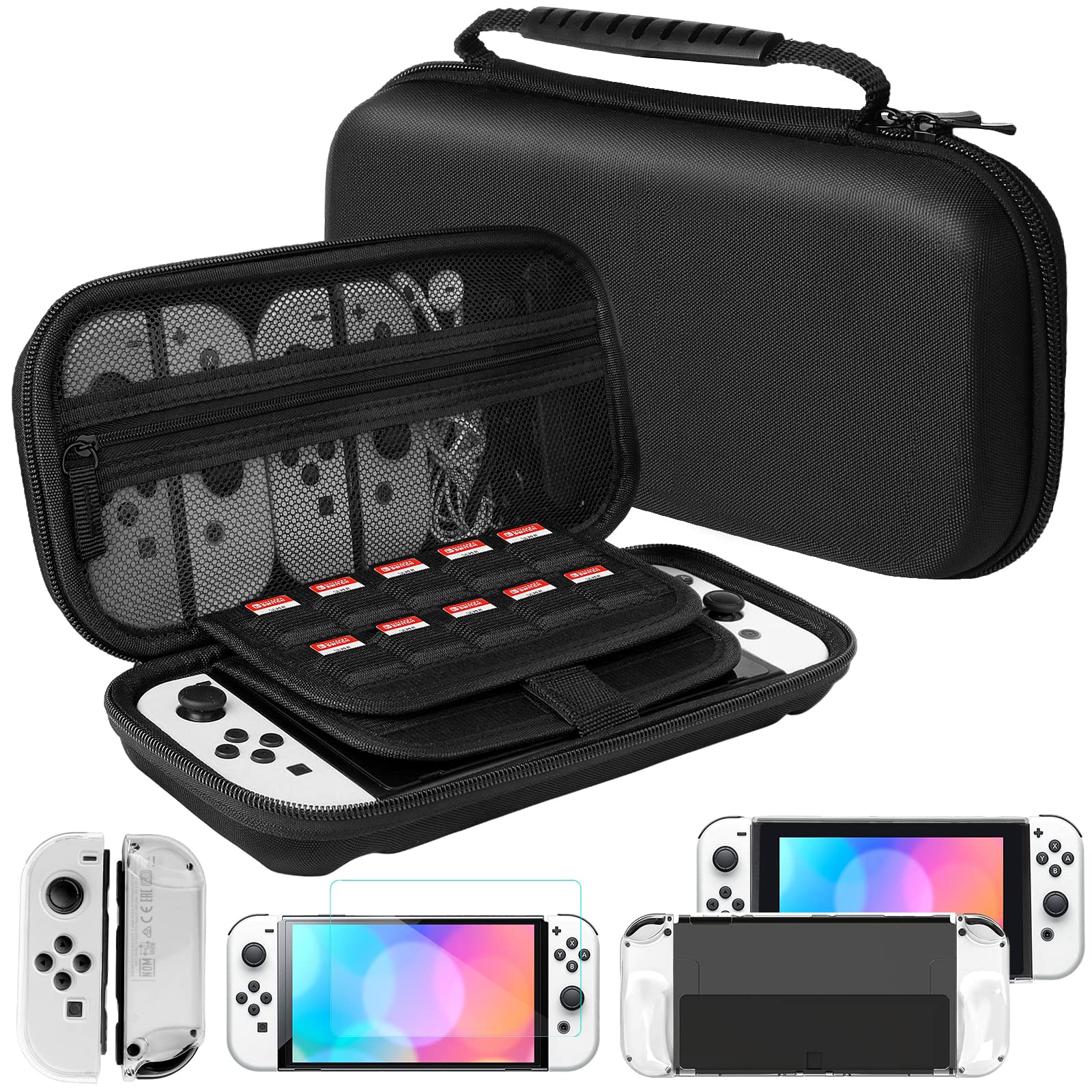 Carrying Case Compatible with Nintendo Switch OLED, Portable Storage Travel Case Protective Hard Clear Case Tempered Glass Screen Protector for Nintendo Switch