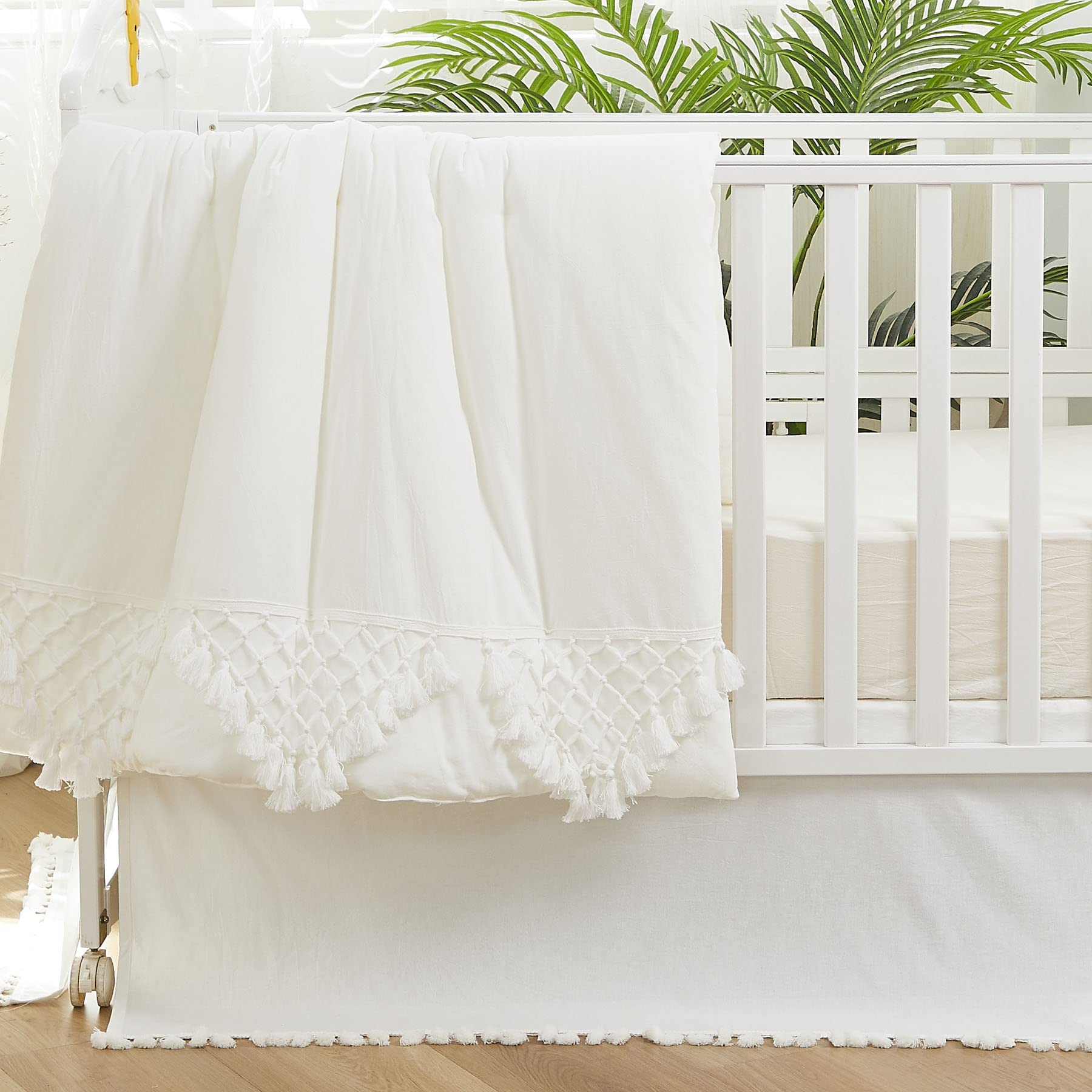 Brandream Gender Neutral Boho Bohemian Baby Girl Boy Nursery Crib Bedding Set 3 Pieces Solid White Farmhouse Chic Unisex Minimalist Tassel Fringe Macrame Cozy 100% Washed Cotton
