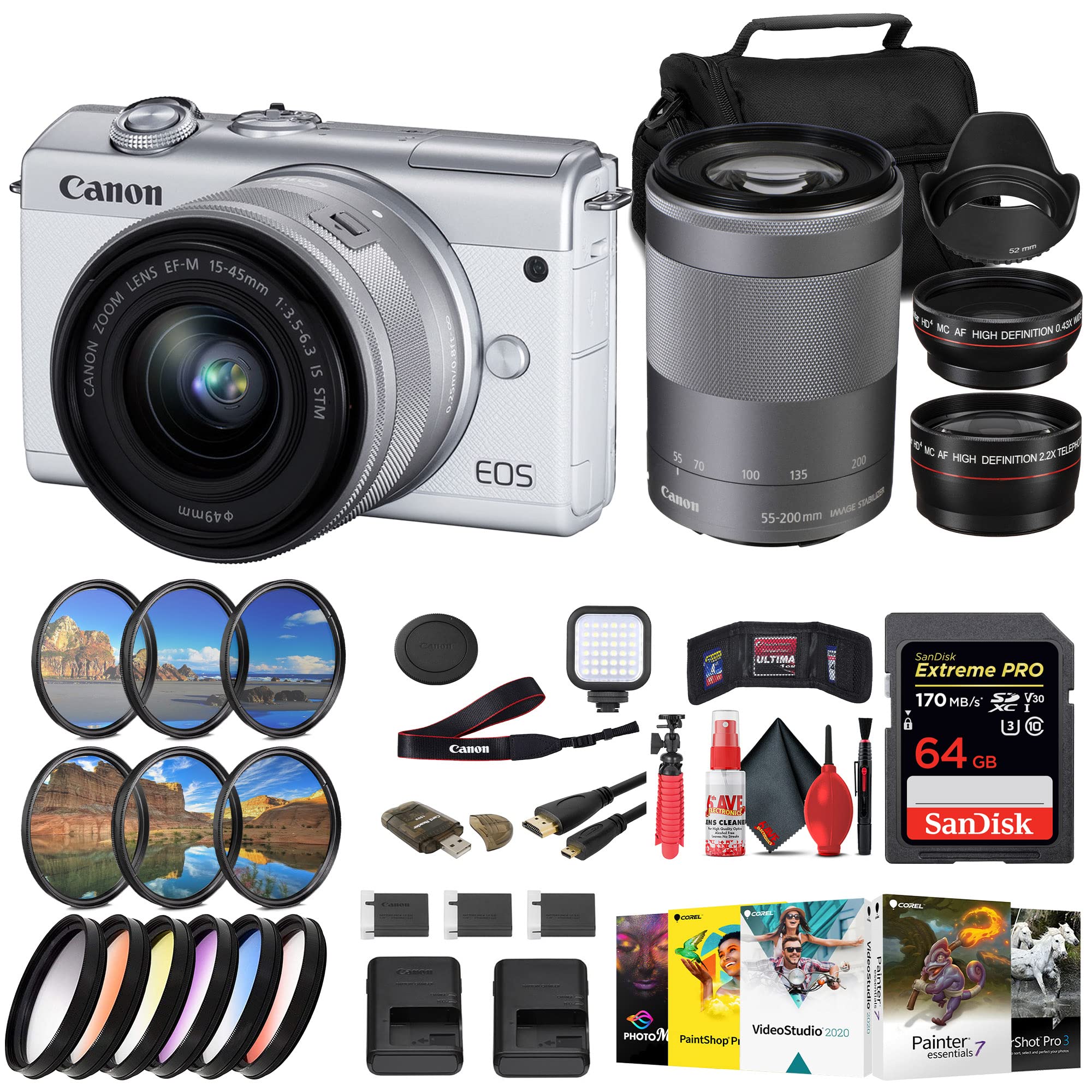 Canon EOS M200 Mirrorless Camera with 15-45mm and 55-200mm Lenses (White) (3700C009) + Filter Kit + 2 x 64GB Card + Charger + 2 x LPE12 Battery + Card Reader + More (Renewed)