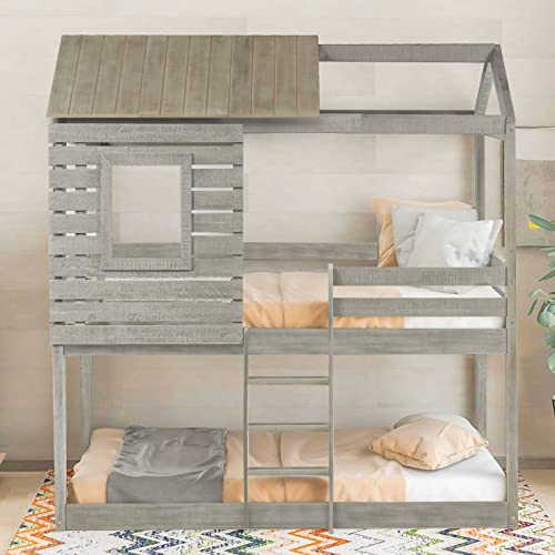 Mesnt Twin Bunk Bed Frame | Twin Over Twin Bunk Bed Wood Loft Bed with Roof, Window, Guardrail, Ladder Antique Gray