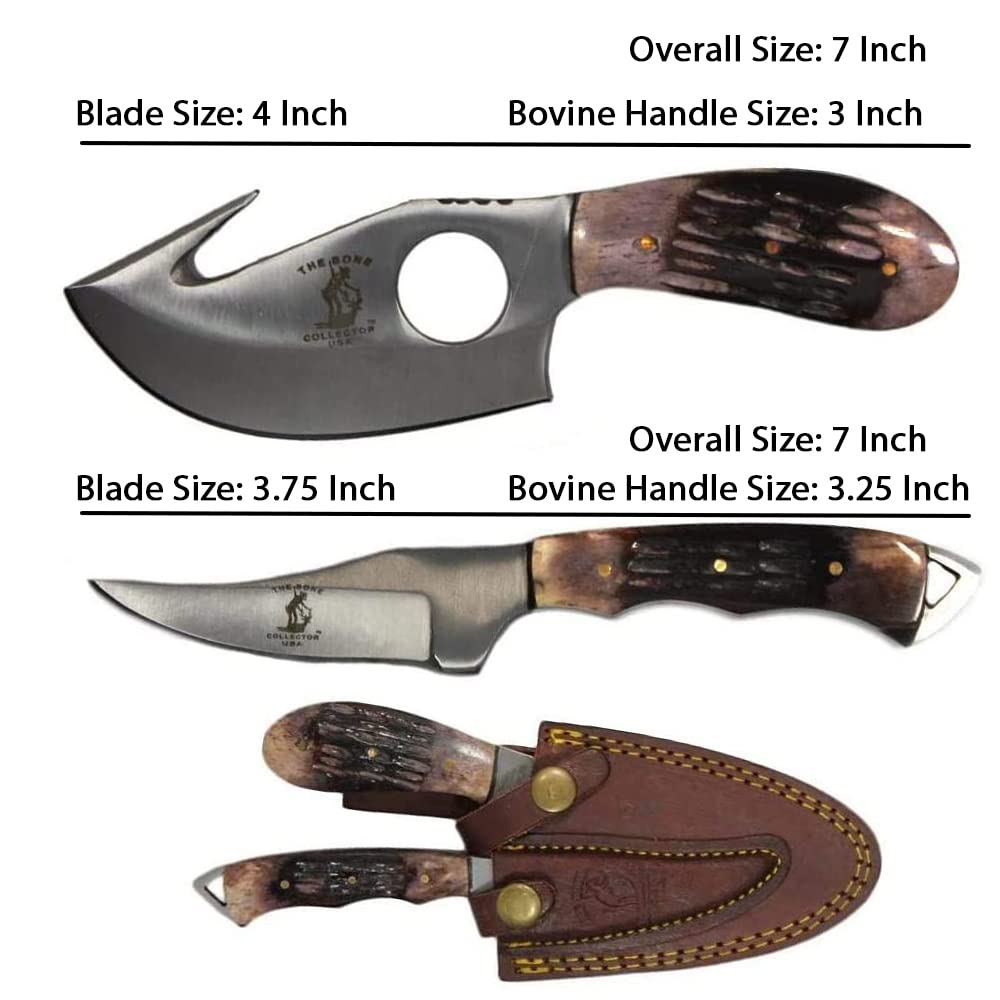 Bone Collector Hunting Knife Two Piece Set, 7" Straight Edge and 7" Gut Hook Blades Yellow Bone Full Tang Skinner (Bone)