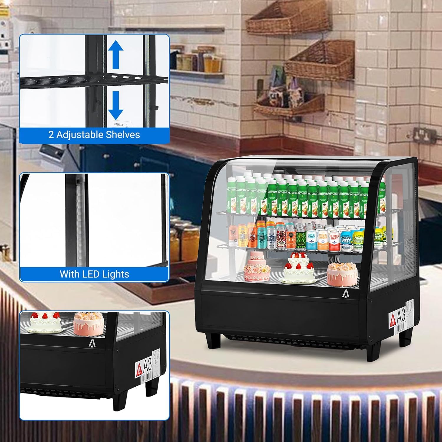 Commercial Fridge Display Refrigerator, 3.6 Cu.Ft./100L Countertop Refrigerator Display Case, Commercial Cake Display Refrigerator with Tempered Glass Door, 2 LED Light and 2 Adjustable Shelves, Black