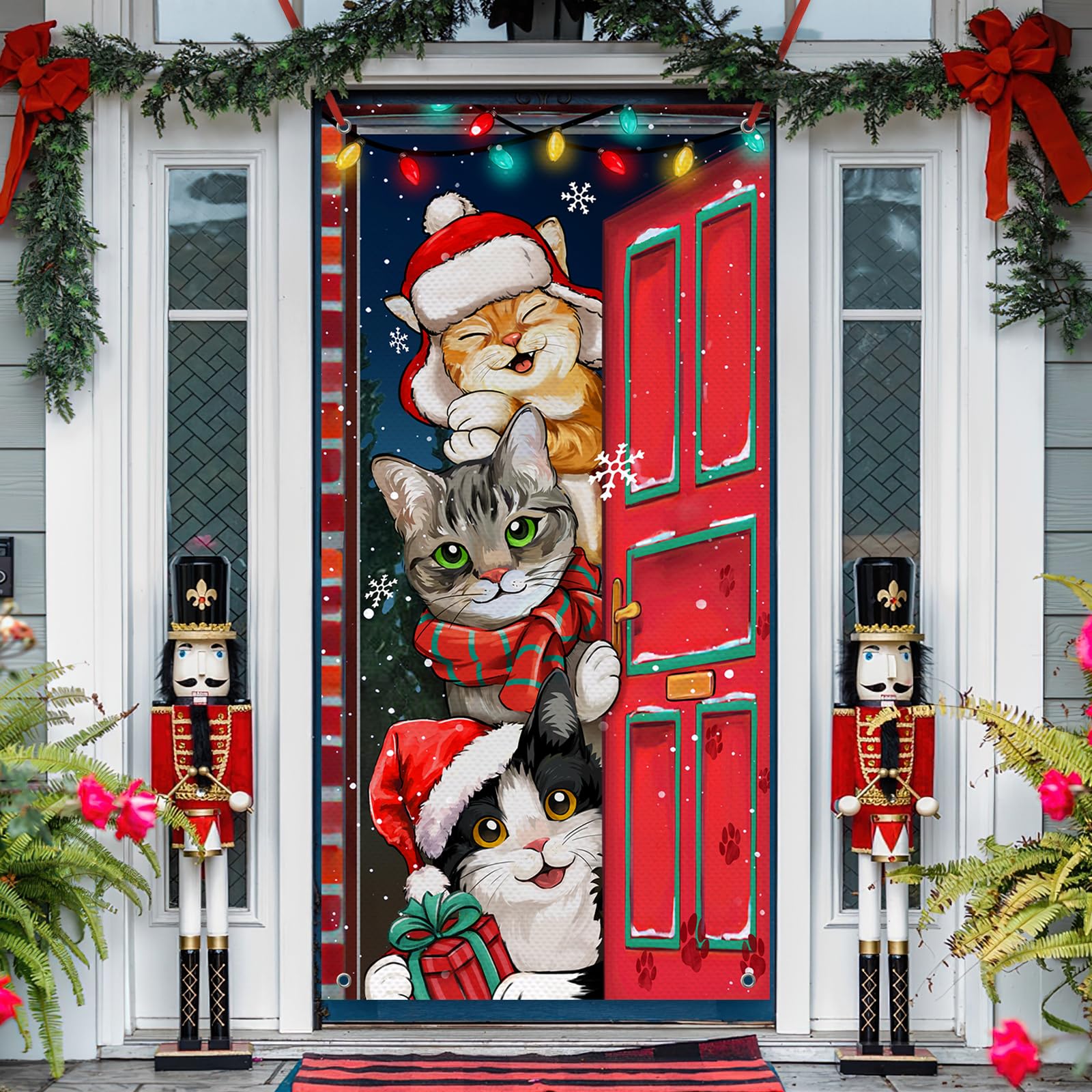 Deroro Christmas Cat Door Cover Decorations, Xmas Orange Cat Tabby Cat Tuxedo Cat Front Door Banner Background, Funny Winter Holiday Indoor Outdoor Home Decor Pet Lover Gifts 3 x 6 FT