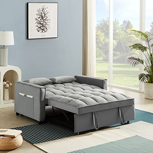 FANYE Loveseat Pull Out Sleeper Bed,2 Seater Sofa & Couch W/Adjustable Backrest Home Apartment Office Living Room Furniture Sets Sofabed, Gray Twin Velvet Two Pillows Both Side Pockets