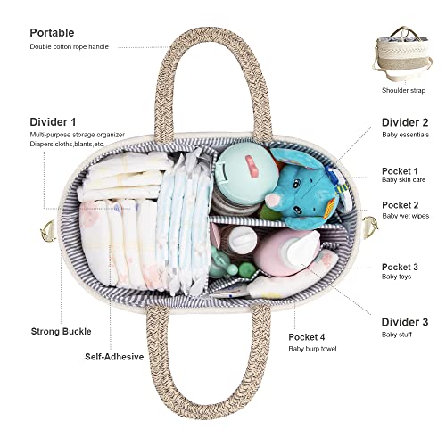 YeaYee Baby Diaper Caddy Organizer, Shoulder Strap Buckle, 4 Inner Pockets Portable Nursery Storage Basket with Detachable Compartments,100% Cotton Woven Bin (Small, Yellow)