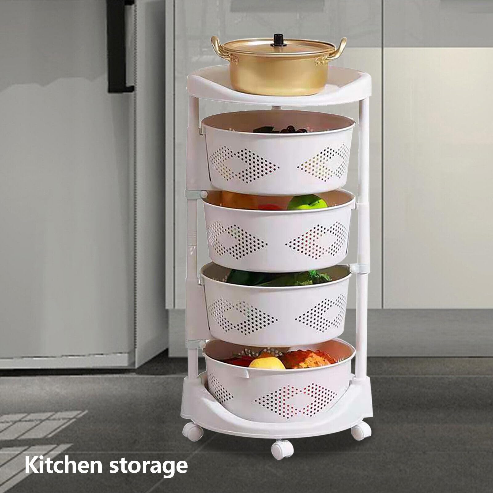BounceyCart 4 Tiers Rotating Storage Shelves Rack, Removable Basket Shelf Organizer on Rolling Wheels for Fruit Vegetable Snack Household Storage Rack