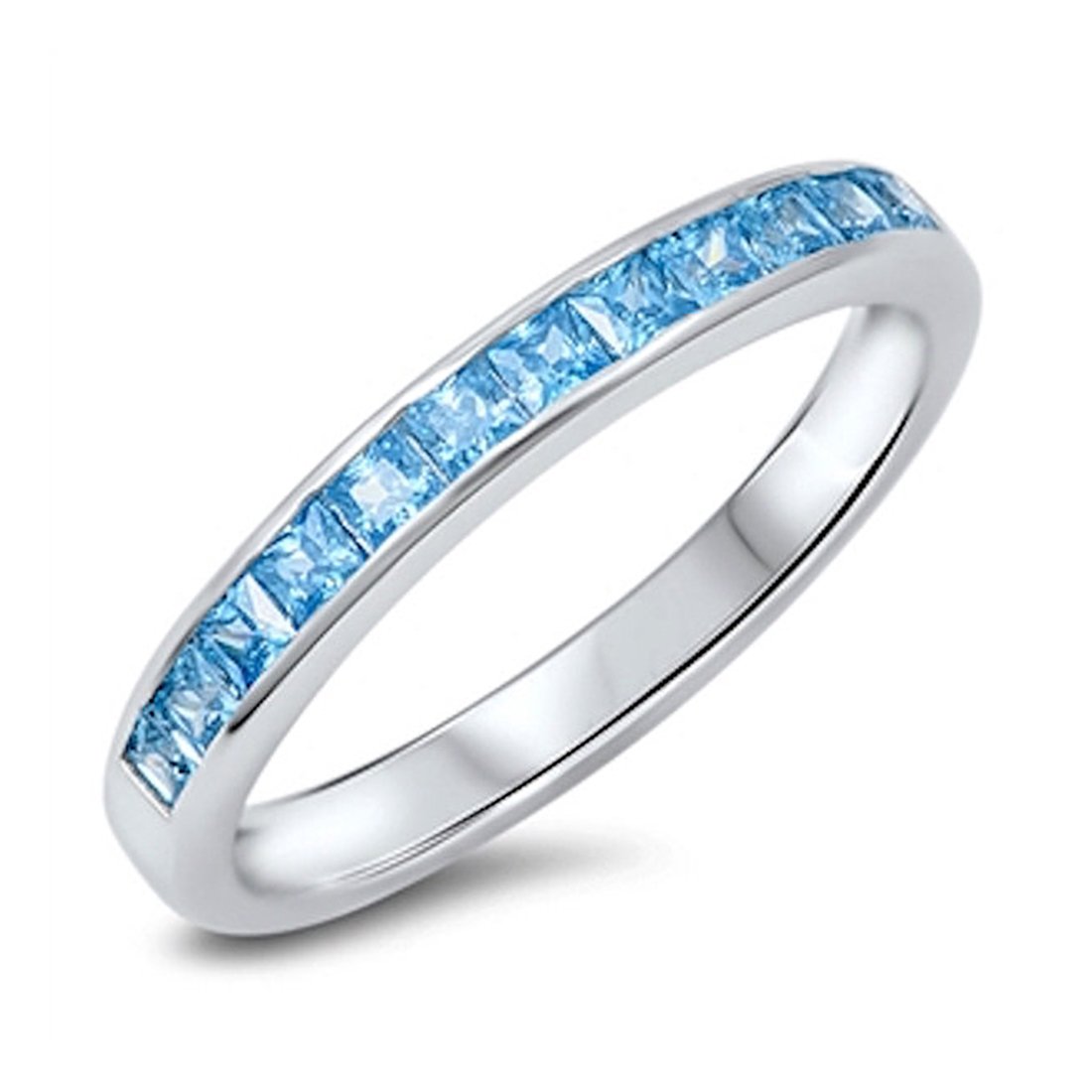 Blue Apple Co. 3MM Half Eternity Wedding Engagement Band Ring Princess Cut Simulated Aquamarine CZ 925 Sterling Silver