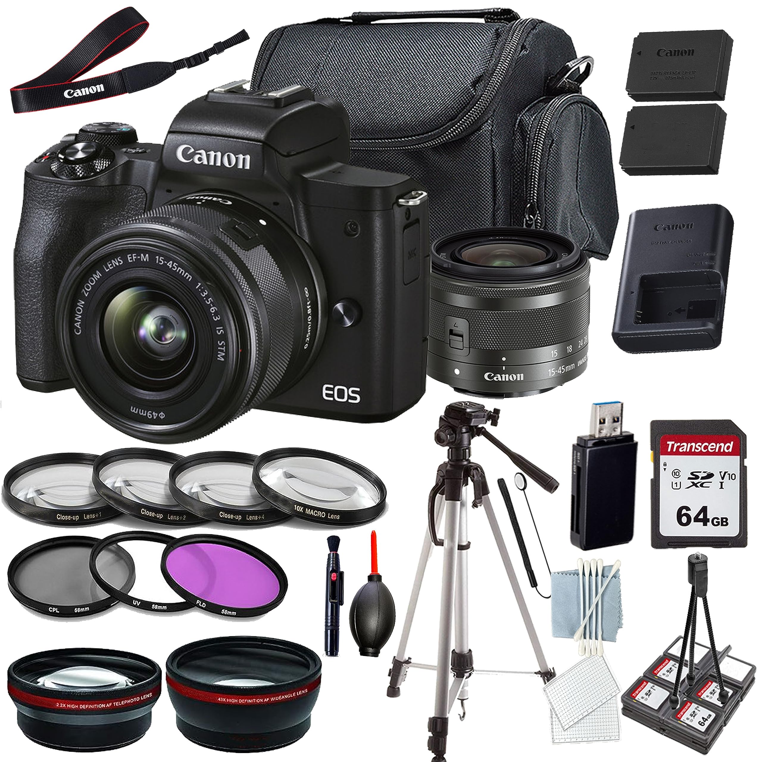 Canon EOS M50 Camera with Canon EF-M 15-45mm f/3.5-6.3 Lens + Commander Starter Kit + Lens Filters + CASE + 64GB Memory Card+Extra Battery (24PC Bundle)