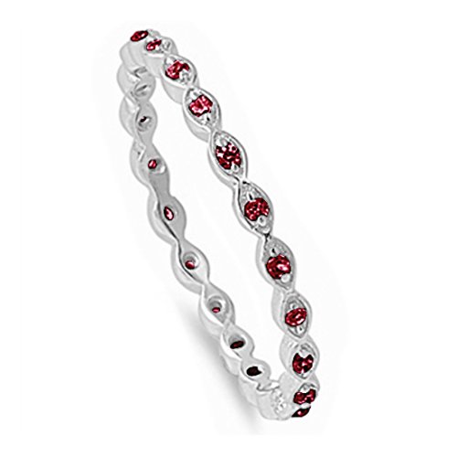 Blue Apple Co. 2MM Full Eternity Stackable Wedding Engagement Band Ring Round Simulated Ruby 925 Sterling Silver
