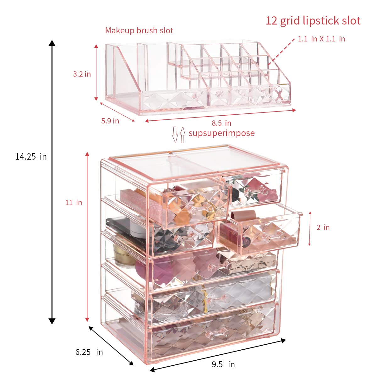COMVTUPY Clear Makeup Organizer with Brush Holder, Large Acrylic Cosmetic Display Jewelry & Make Up Organizers and Storage for Vanity, Bathroom (3 Large, 4 Small Drawers, Diamond Pink)