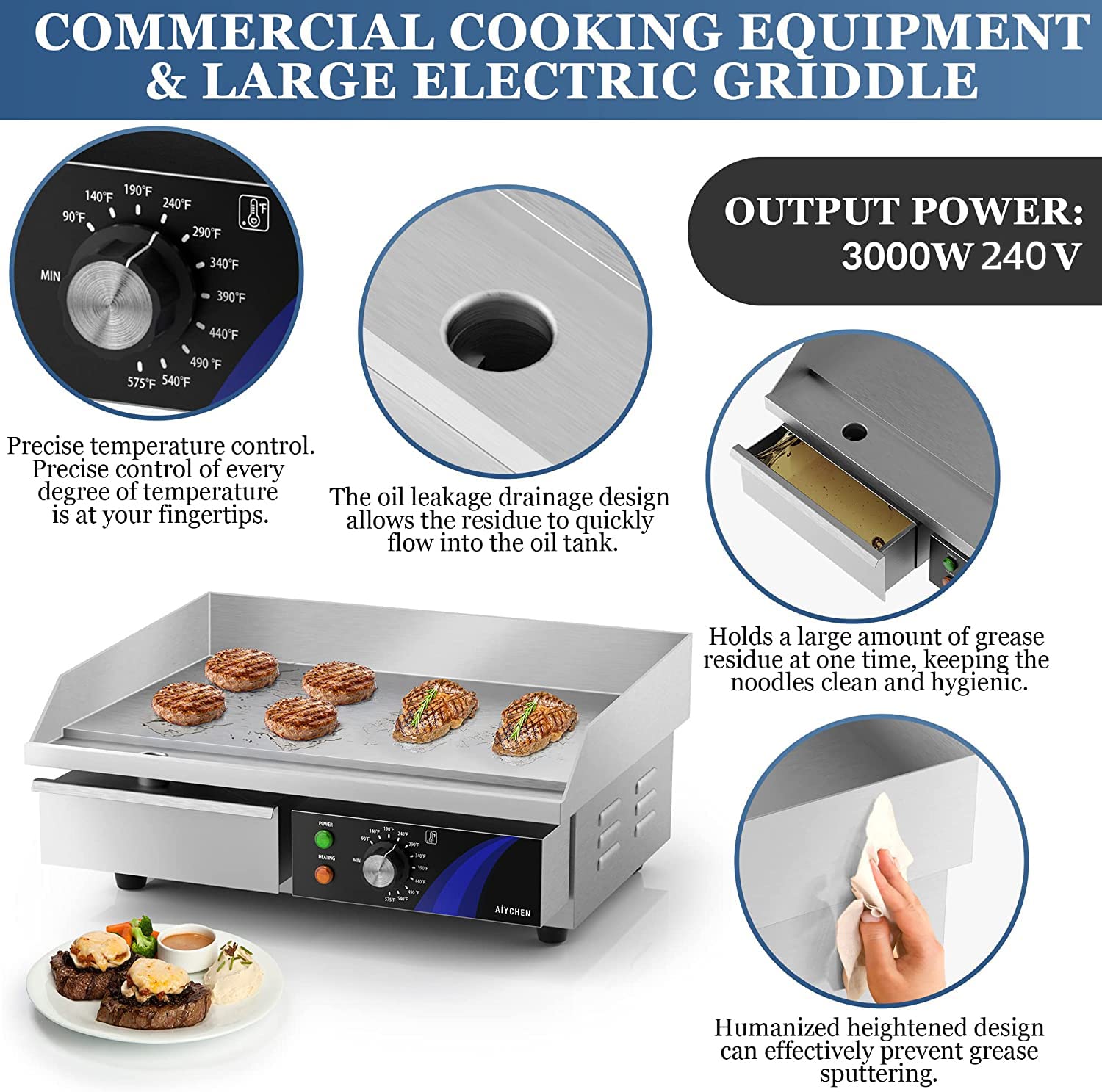 Commercial Griddle 22" Commercial Electric Griddle 220V 3000W Non-Stick Countertop Flat Top Griddle Stainless Steel Grill with Shovels Adjustable Temperature Control 90°F-575°F (22'')