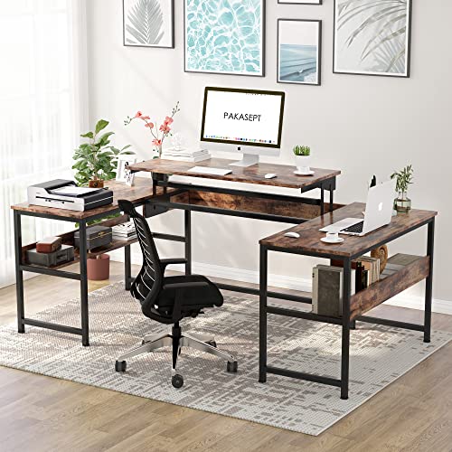 PAKASEPT U- Shaped Desk with Lift Top, Sit to Stand L Shaped Computer Desk, Height Adjustable Standing Desk with Storage Shelves and 3 Desktop for Home Office