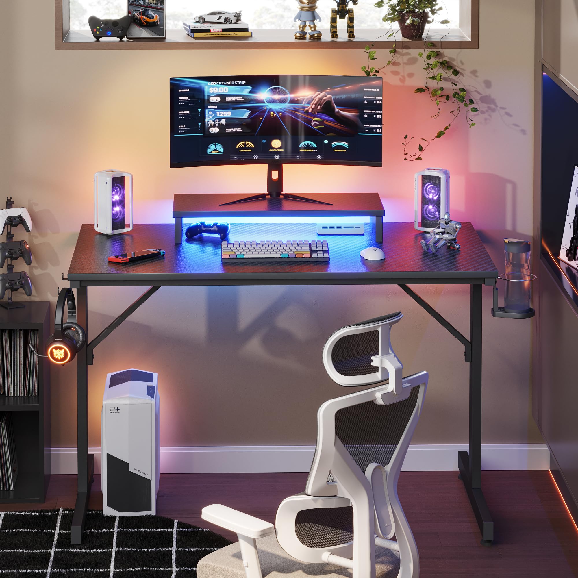 Bestier Small Gaming Desk with Monitor Stand, 42 inch LED Computer Desk, Gamer Workstation with Cup Holder & Headset Hooks, Modern Simple Style Desk for Home Office, Carbon Fiber Black