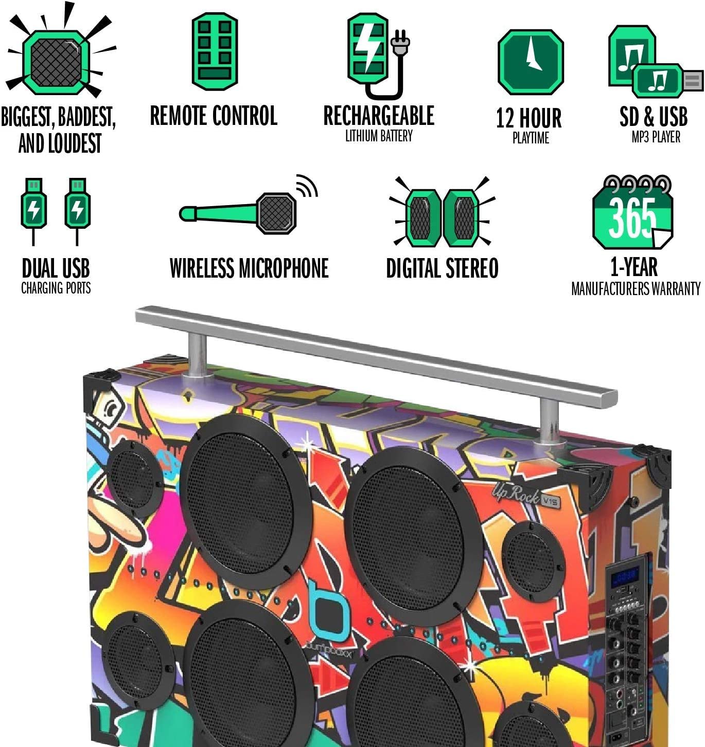 Bumpboxx Bluetooth Portable Speaker Boombox Uprock Brown Checkered | Retro Boombox with Bluetooth Speaker | Rechargeable Lithium Battery | Includes Wireless Microphone, Carrying Strap & Remote Control