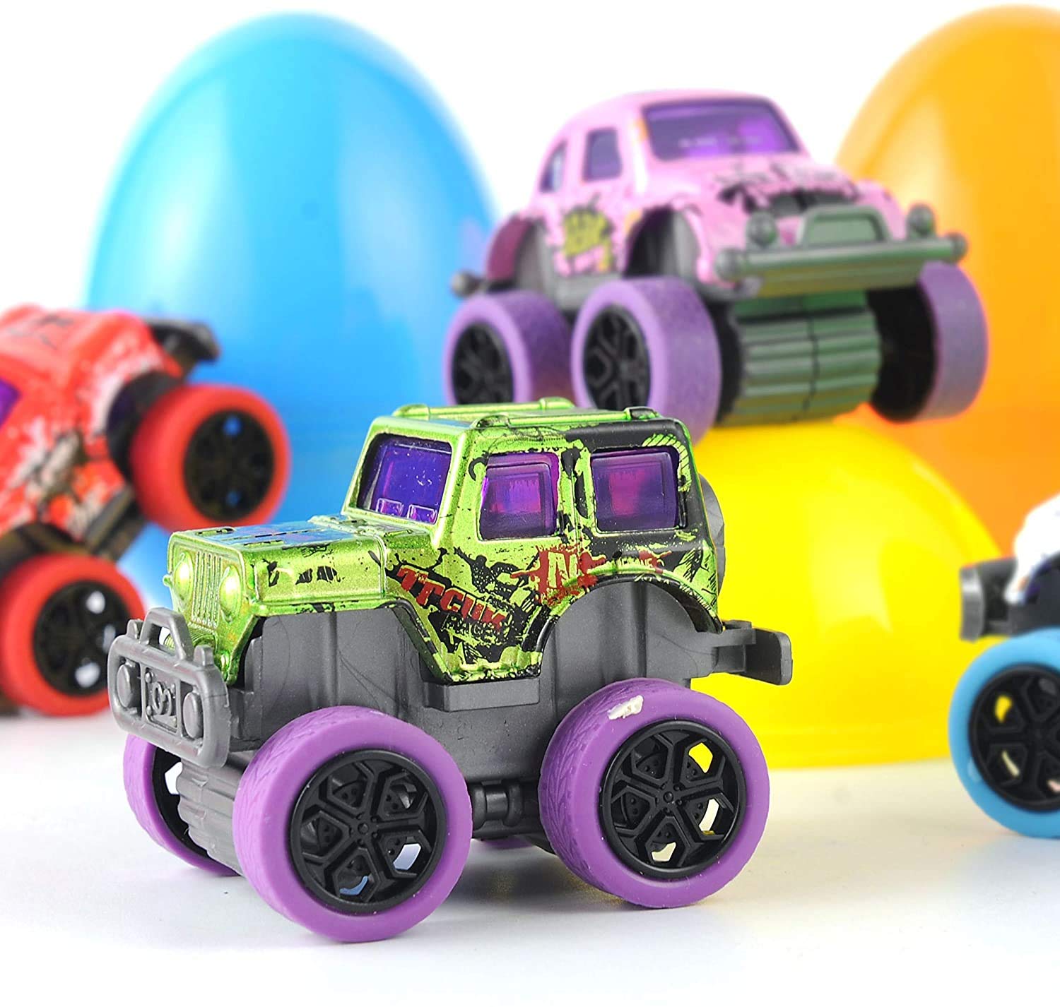 JOYIN 12 Pcs Easter Eggs Filled with Pull Back Monster Cars, Easter Egg Prefilled with Trucks for Kids ​Easter Egg Hunt, Basket Stuffers Filler and Classroom Prize Supplies