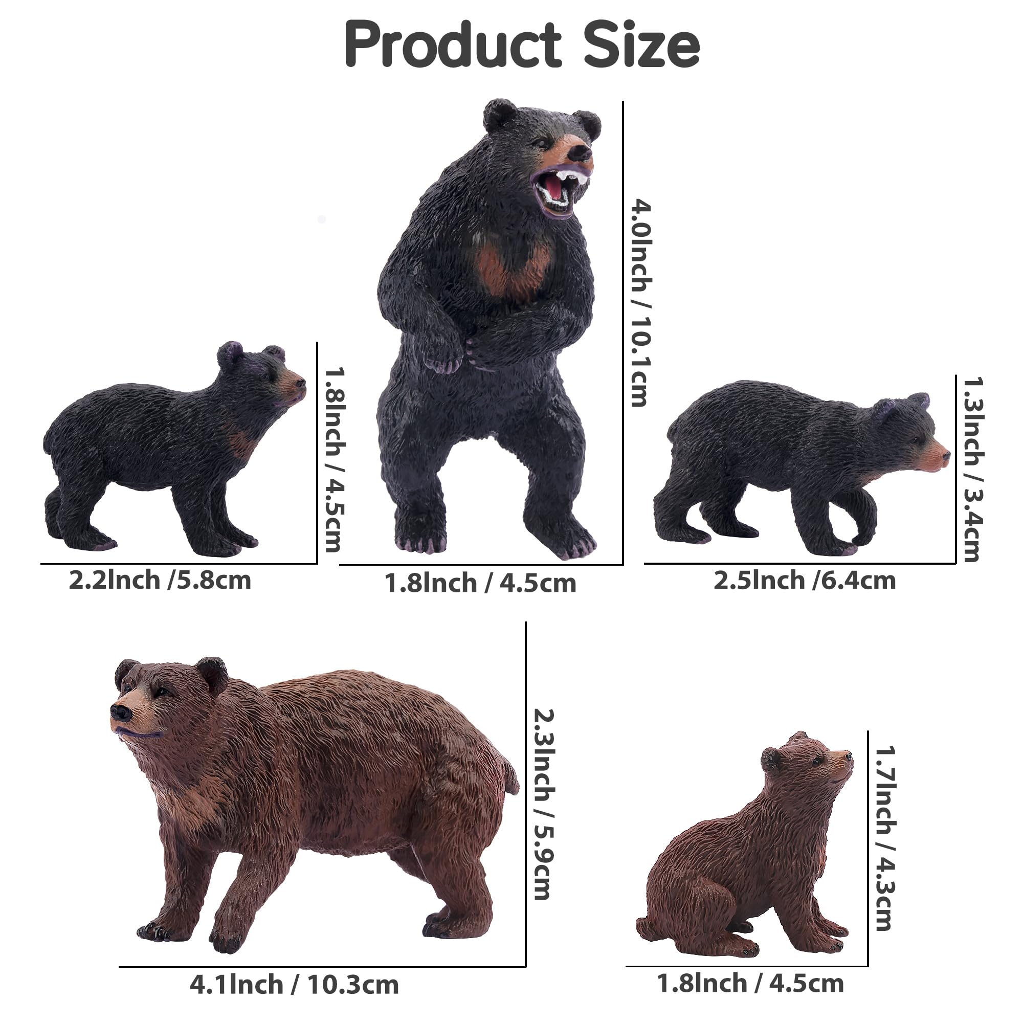 Toymany 6PCS Bear Figurines, Realistic Forest Animals Bear Family Figures Toy Set Includes Brown Bears Black Bears and Cubs, Education Toy Birthday for Kids Toddlers