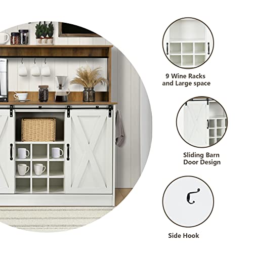 Farmhouse Coffee Wine Bar Cabinet with 6 Hooks, Sliding Barn Door, 47ββ Sideboard Buffet Cabinet with Adjustable Shelf for Kitchen, Dining Living Room, White