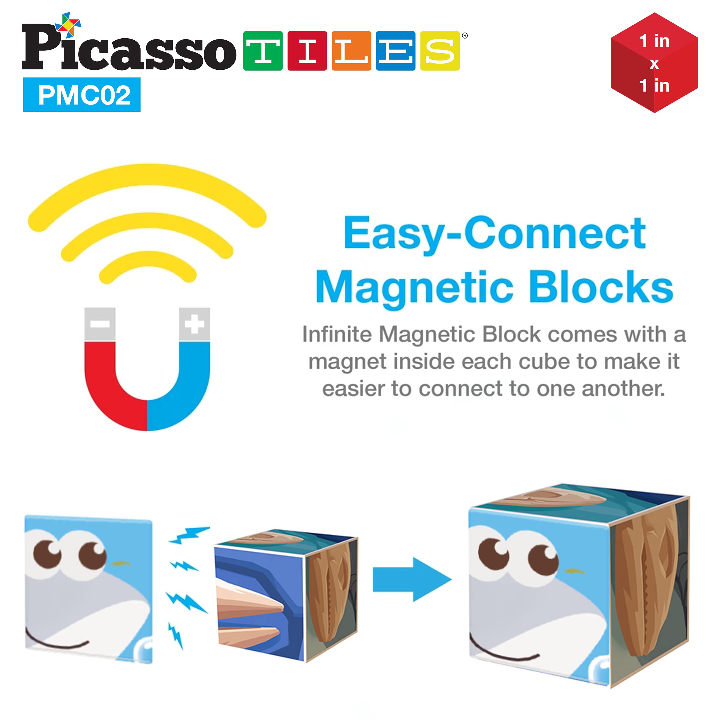 PicassoTiles 1” Magnetic Puzzle Cubes for Kids, 3D Sea Ocean Animal 63pcs Exploration Blocks, Kids Focus Learning & Stacking Toys, STEM Educational Preschool Toddler Classroom Activity, Boys Girls