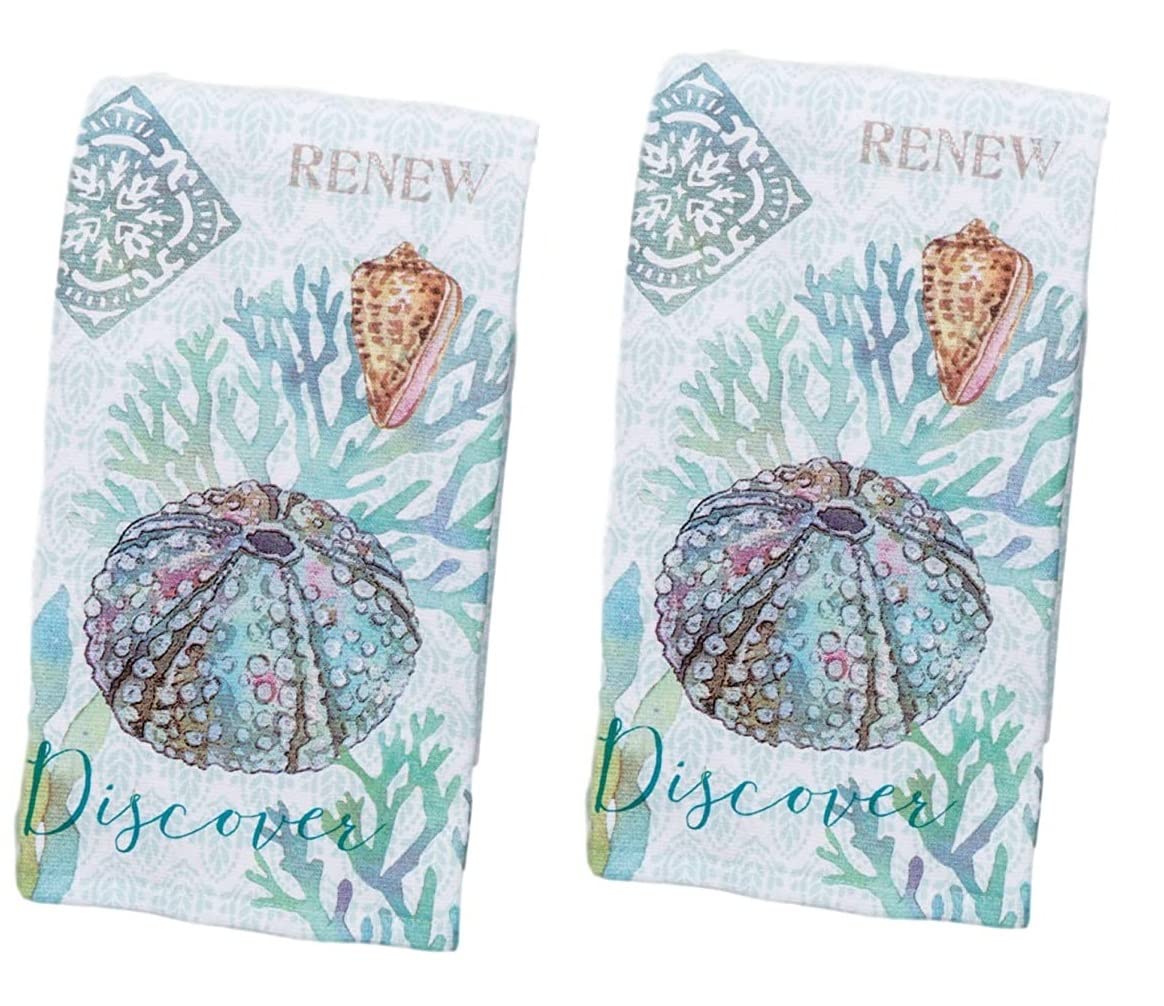 Bundle of 2 Sea Life Coastal Beach Dual Purpose Terry Kitchen Dish Towels, Sea Urchin