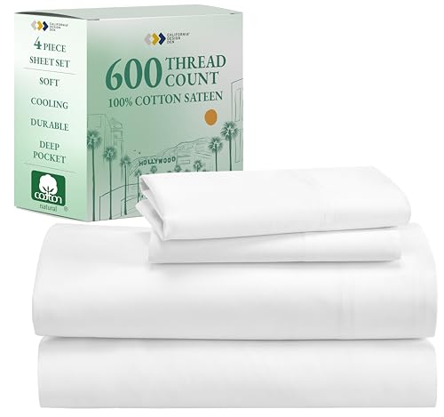 California Design Den Queen Size Sheet Set, 600 Thread Count 100% Cotton Sheets, Luxury Extra Deep Pocket Queen Sheets Cotton Sateen, Hotel-Quality Queen Sheet Set - White Sheets