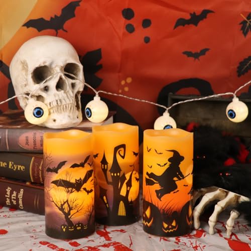 DRomance Halloween LED Flameless Pillar Candles Battery Operated with 6 Hour Timer Set of 3 Orange Wax Warm Light Flickering Witch Bats Castle Spooky Decals Halloween Decor Gifts(3 x 6 Inch)