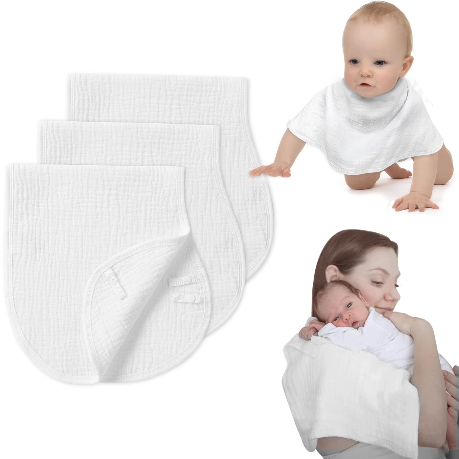 COTTONBEBE Muslin Burp Cloths with Snaps, Multi-Use Burpy Bib 100% Natural Cotton,Large 22"X11" Extra Absorbent Burping Cloth for Baby Girl & Boy, White
